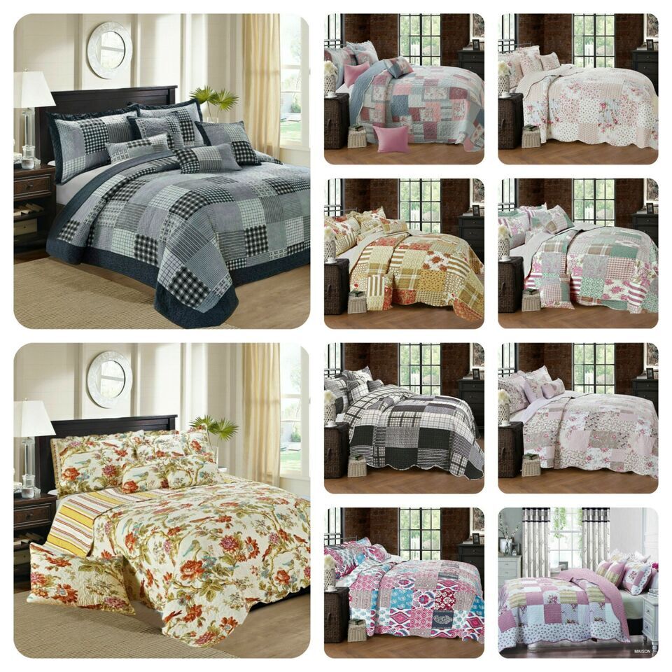 New Luxury 3Piec Quilted Patchwork Bedspread Throw Double King Size Bedding Set* | eBay UK