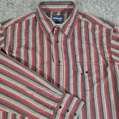 Wrangler Men's Large Western Shirt Blue Red Striped Pearl Snap Buttons ...