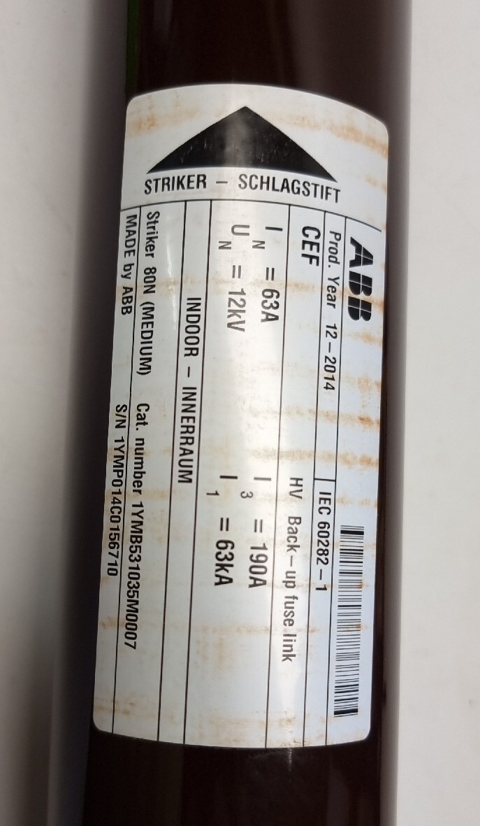 ABB CEF Medium Voltage Fuse Link 12kV 63A 63kA With 80N Striker ...
