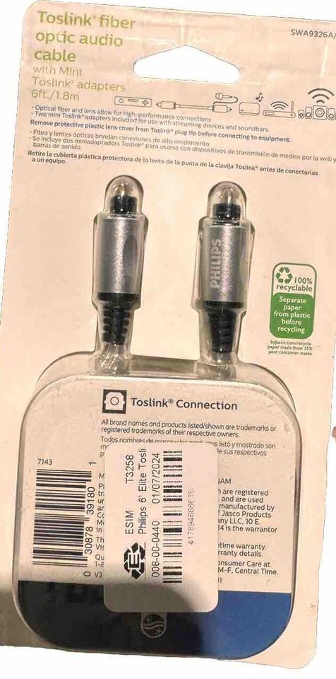 Audio Cable with Mini Toslink Adapters Fiber Optic Adapters 6 ft ...