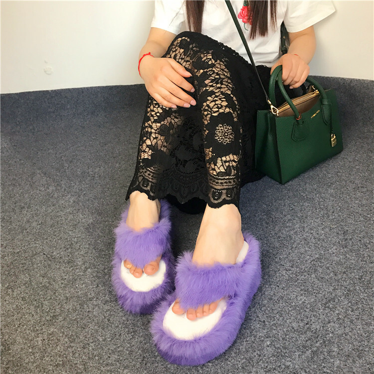 Women 100% Real Rabbit Fur Flip-flops Wedge Heel Sandals Slippers ...