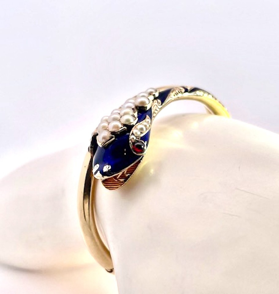 14K Cobalt Blue Enamel Snake Bracelet with Pearls | eBay