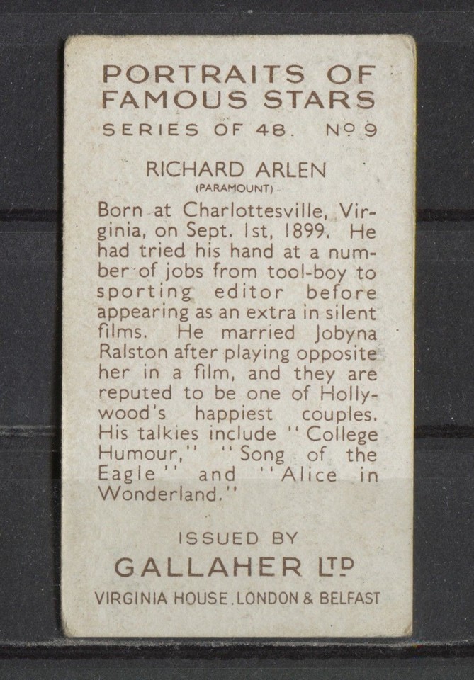 Richard Arlen Vintage Movie Film Star Trading Card 1935 Gallaher #9 | eBay