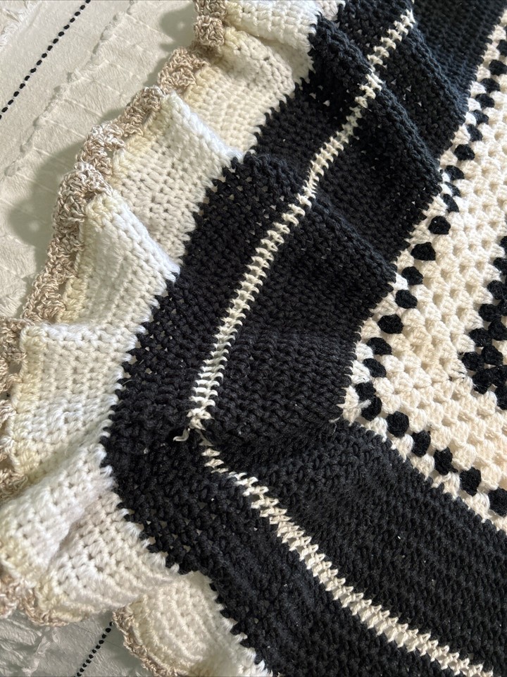 Crochet Afghan Baby Cot Lap Blanket Rug Handmade Black White Cream ...