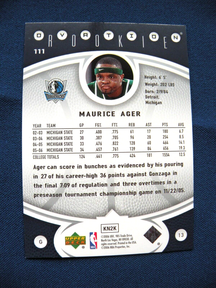 2006 UD Ovation Basketball R/C 710/999 Maurice Ager Dallas Mavericks ...