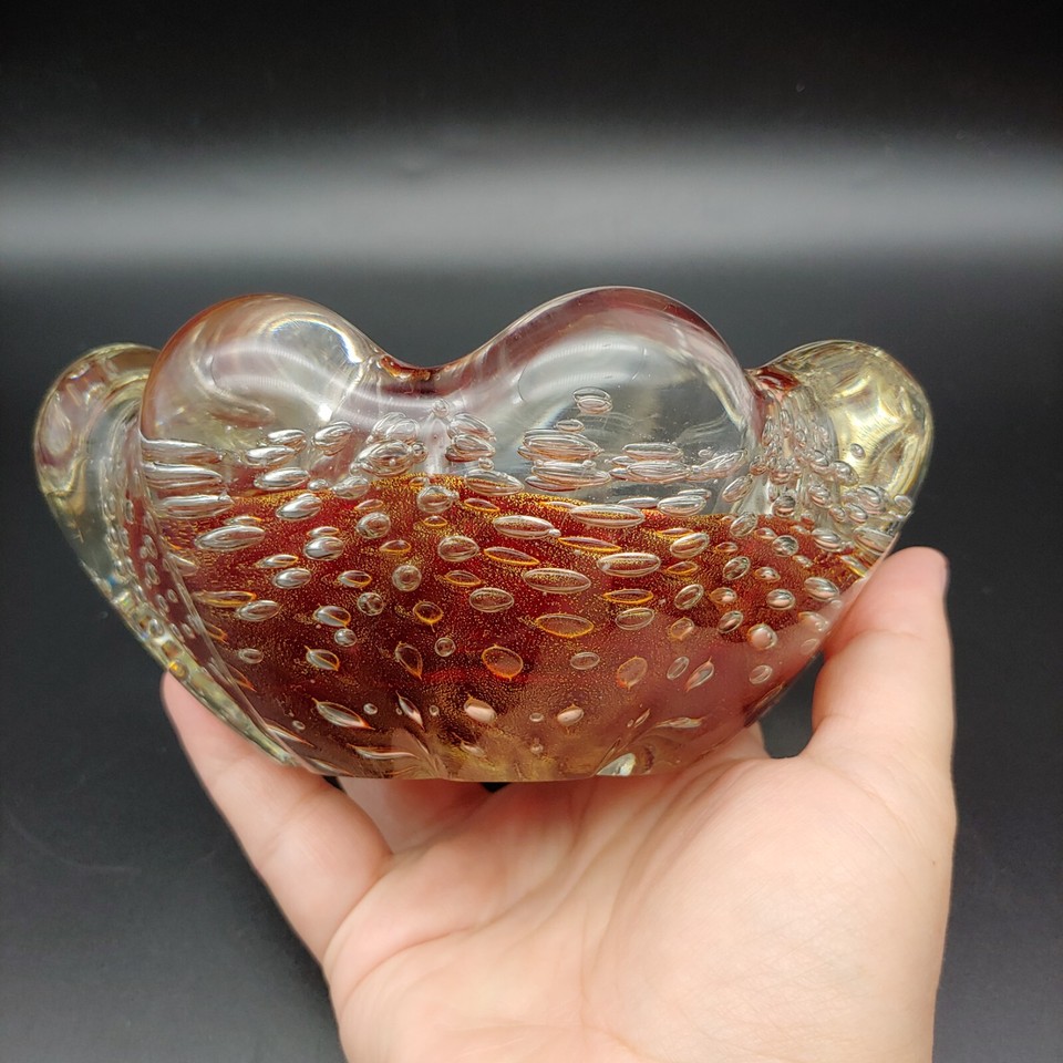 Murano Italy Handmade Blown Art Glass Bowl - 6.5" Ruby Red Gold Fleck ...