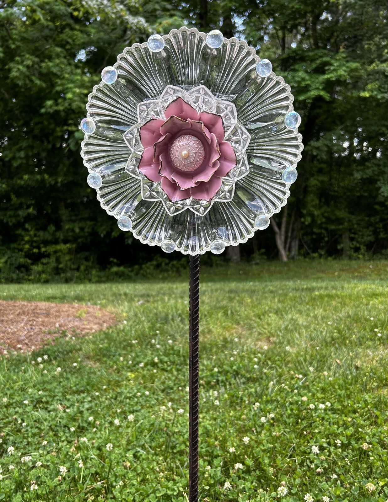 Pink Rose & Clear Shell Glass Garden Flower Repurposed Suncatcher Yard ...