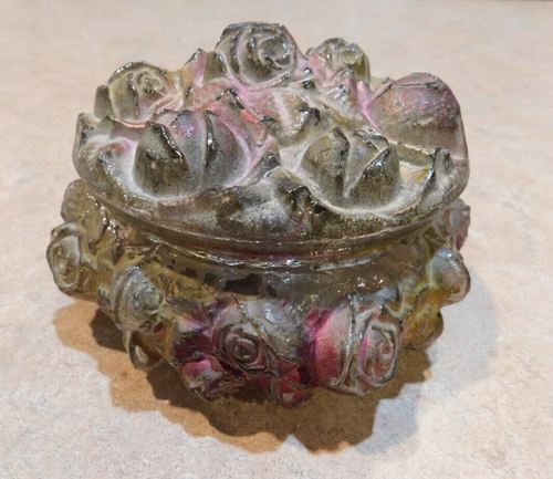 Vintage Goofus Glass Vanity Powder Puff Jar Trinket Box Red/Gold Rose ...