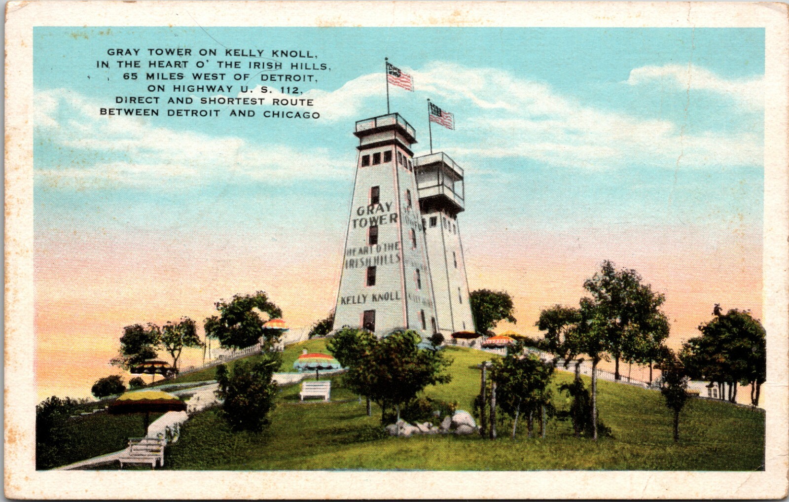 Gray Tower on Kelly Knoll US 112 Brooklyn MI Irish Hills Postcard ...