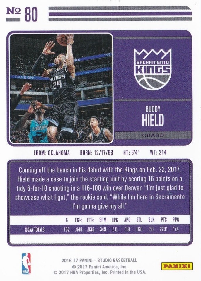 2016-17 Panini Studio BUDDY HIELD #80 Base Sacramento Kings Rookie RC ...