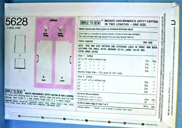 Simplicity Pattern 5628 Caftan Retro 70s Misses 1 Size Fits Uncut for ...