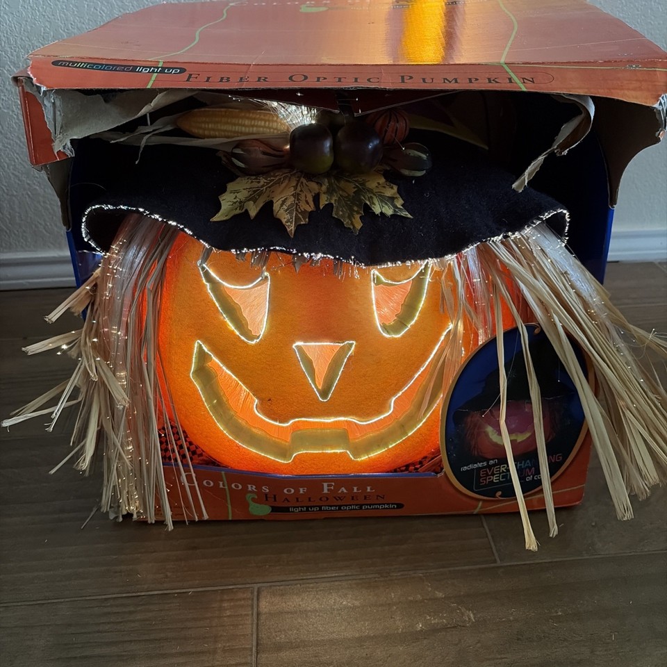 Large Vintage Fiber Optic Color Changing Pumpkin Scarecrow Original Box ...