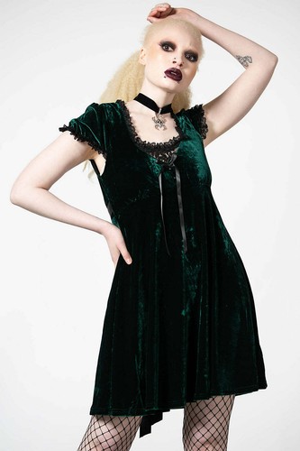 Killstar Heather Emerald Velvet Lace Bow Goth Emo Babydoll Dress ...