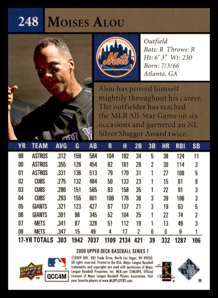 2009 Upper Deck #248 Moises Alou New York Mets Baseball Card NM Free ...