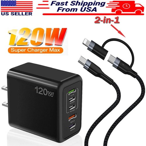 120W 5-Port USB-C Super Fast Wall Charger Block & 2-in-1 Cable For Cell ...