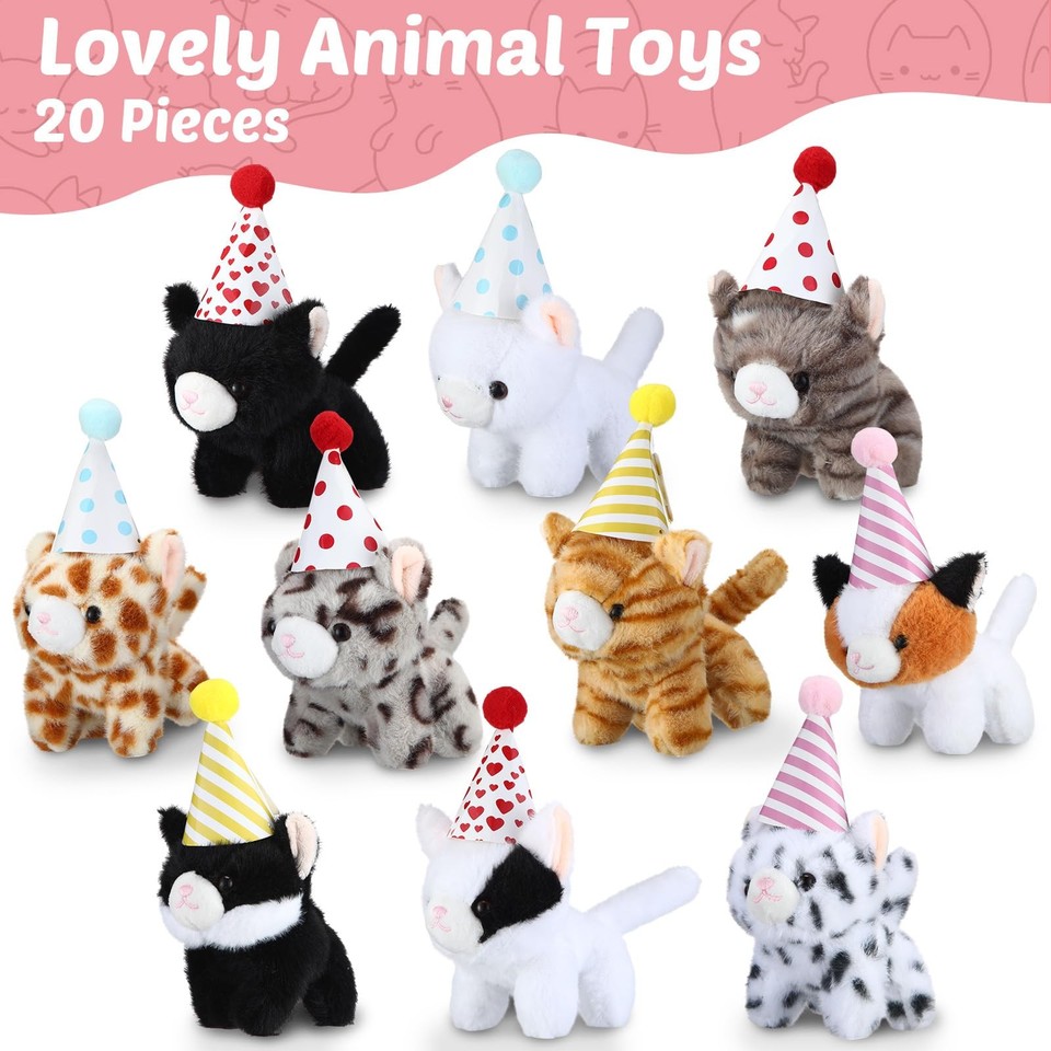 20 Set Cat Stuffed Animals Bulk with Birthday Hats Kraft Paper Boxes ...