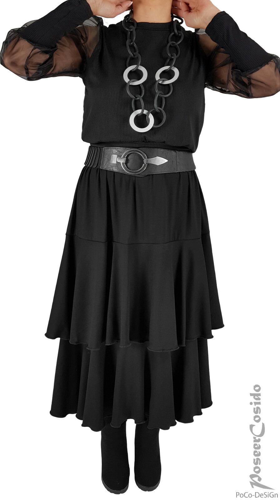 LAGENLOOK Shabby Volant Godet-Rock schwarz L-XL-XXL-XXXL 46 48 50 52 54 ...