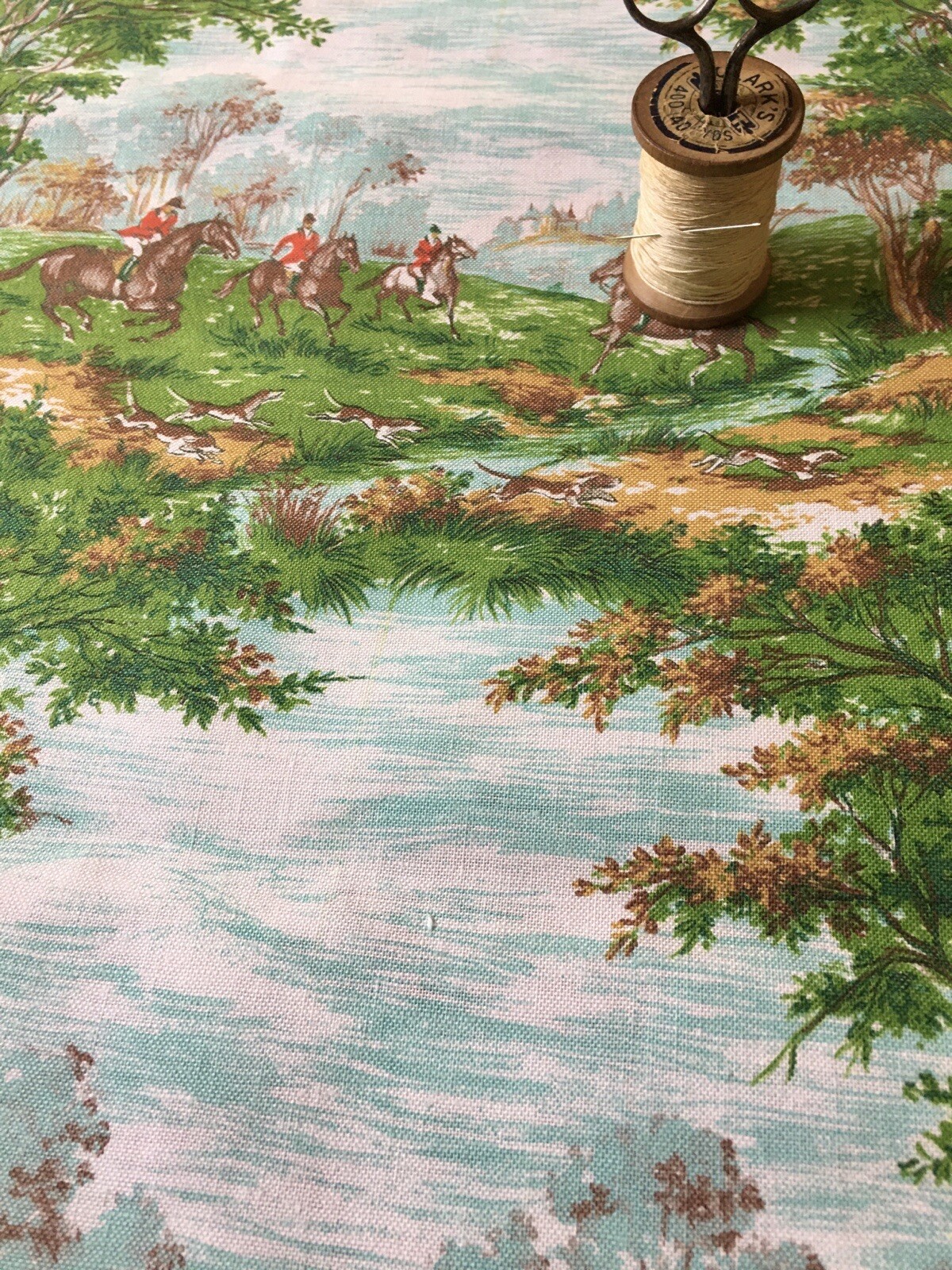 Vintage French Hunt Chase Equestrian Cotton Interiors Fabric~ Marignan ...