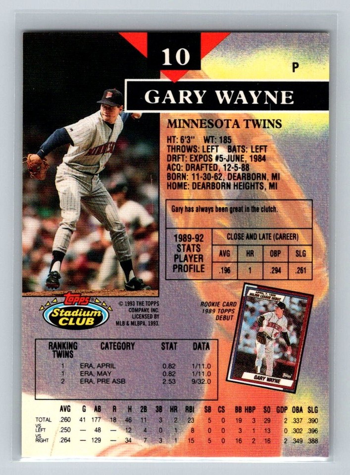 1993 Stadium Club #10 Gary Wayne Minnesota Twins Baseball Card | eBay