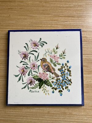 handprinted bird in garden vintage tile from Portugal. Summer, spring ...