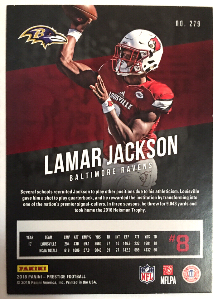 LAMAR JACKSON RC BASE CARD 2018 PANINI PRESTIGE CARD NO. 279 RAVENS | eBay