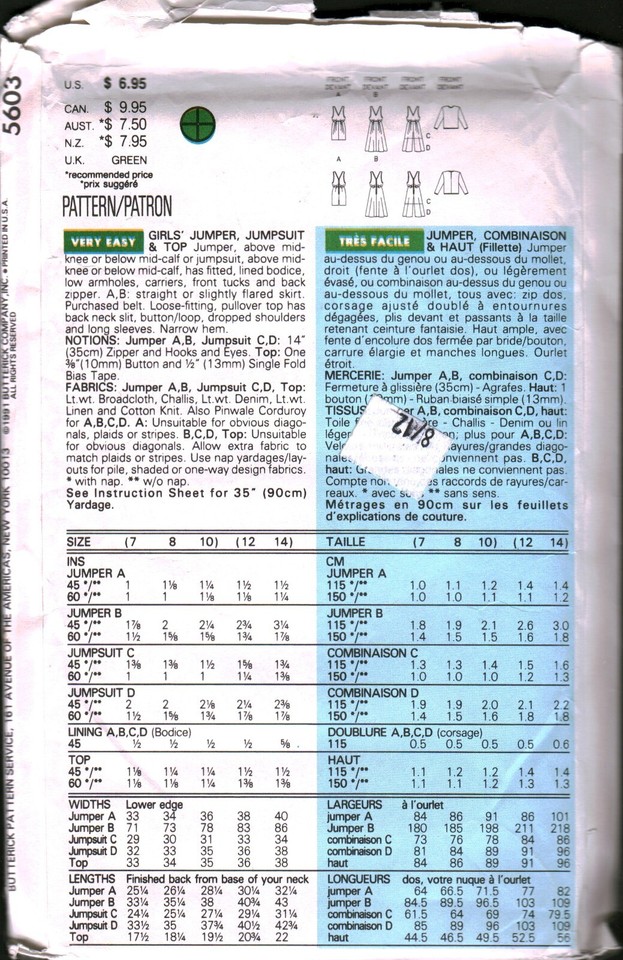 5603 Butterick Vintage SEWING Pattern Girls Jumper Jumpsuit Top UNCUT ...