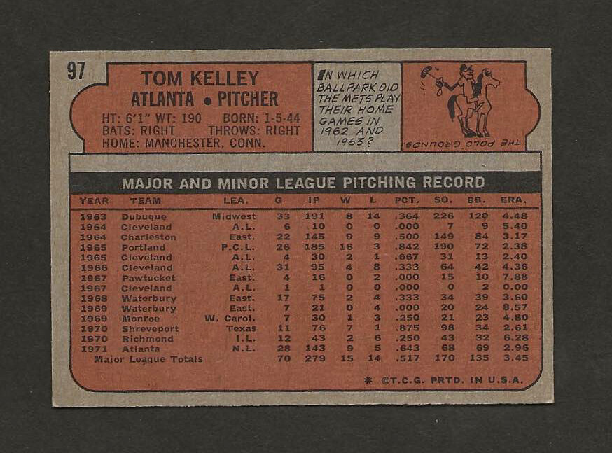 1972 TOPPS BASEBALL CARD # 97 TOM KELLEY Atlanta Braves ex | eBay