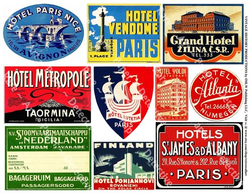 HOTEL STICKERS, 1 Sheet, 10 Luggage Label REPRODUCTIONS for Travel ...