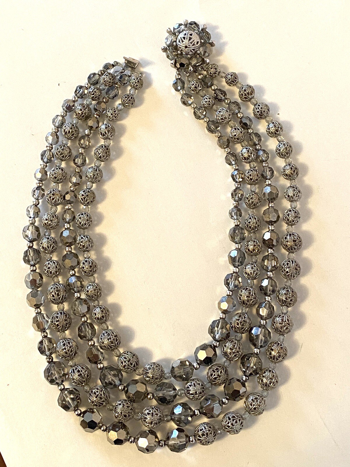 Vintage Marvella Silver Tone Filigree Gray AB Glass Beads Multi Strand ...