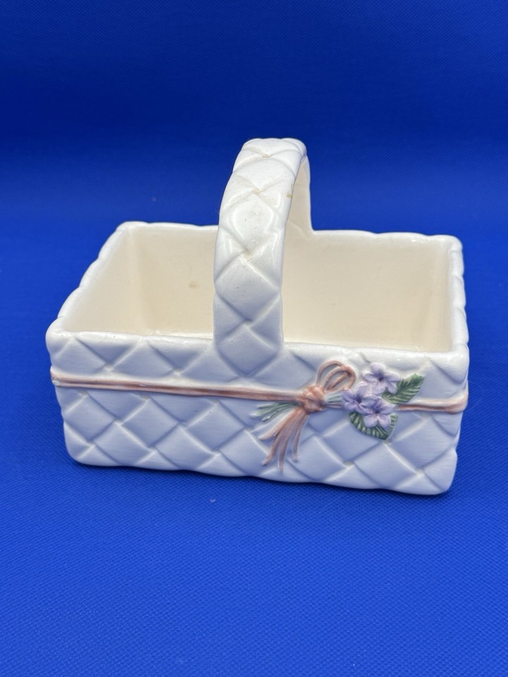 Vintage Ceramic White Rectangular Basket with Handle And Purple Flowers ...
