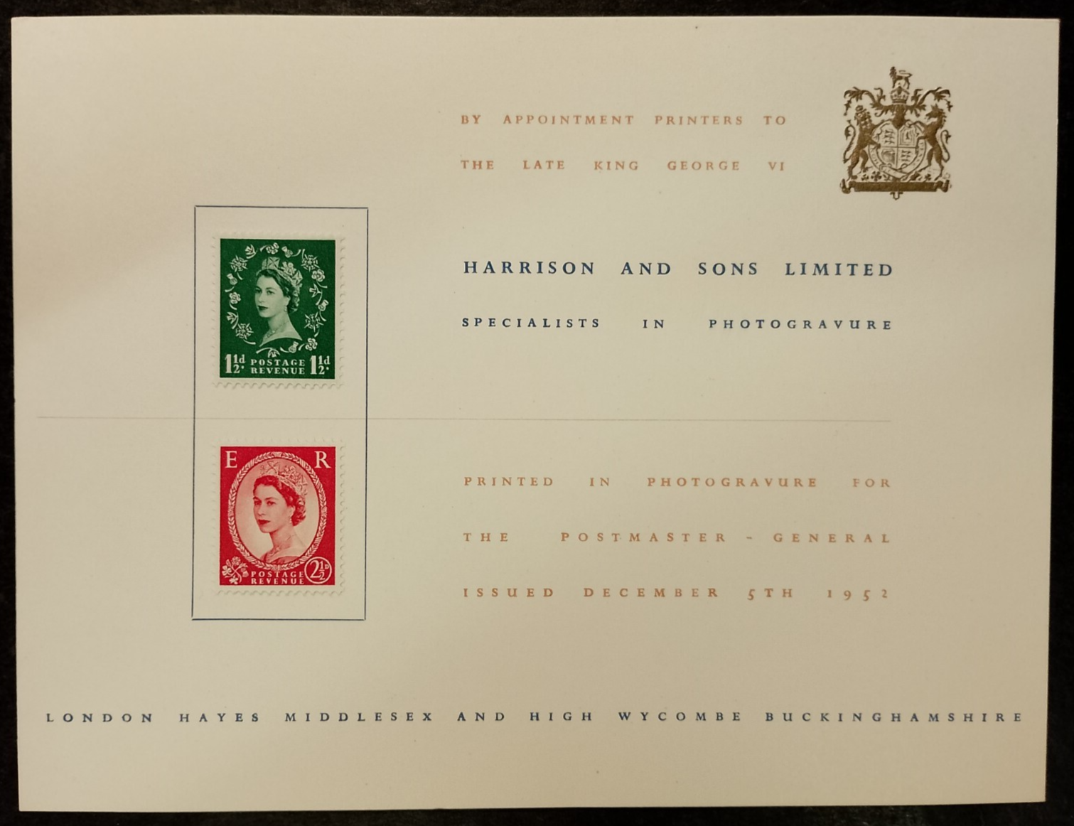 GB 1952 1½d 2½d Wilding Harrison Postmaster General Presentation Card ...