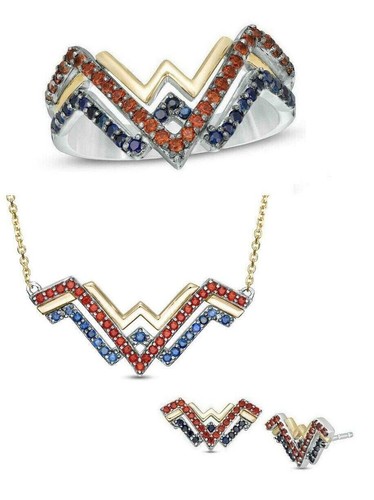 Wonder Woman Collection Ring Earring Pendant Set Blue Sapphire & Red ...