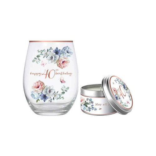 2pc Stemless 520ml Glass & Candle 40th Birthday Gift Set Wine/Juice ...