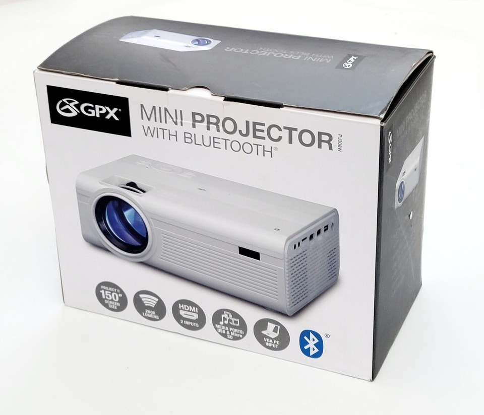 GPX Mini Bluetooth PROJECTOR PJ308W 1080p White USB Micro SD 150 ...