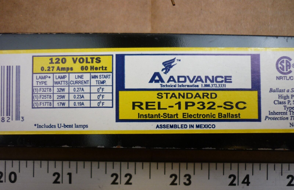 Advance Electronic Fluorescent Ballast, Instant Start, 1 Lamp, pn REL ...