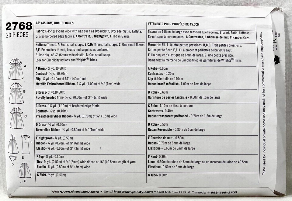 2008 Simplicity Sewing Pattern 2768 18" Doll Wardrobe 6 Outfits Dresses ...