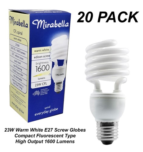 20 x 23W High Output CFL Globes Bulbs Warm White 2700K Screw Cap E27 ...
