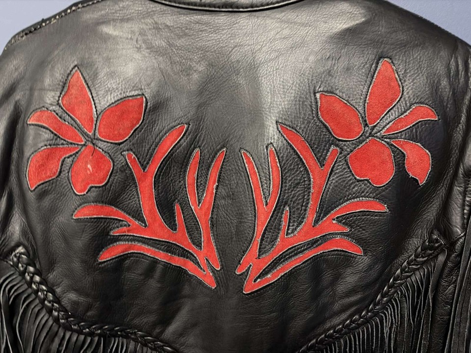 UNIK XS Black Leather Fringe Jacket Red Floral Western Motorcycle | eBay