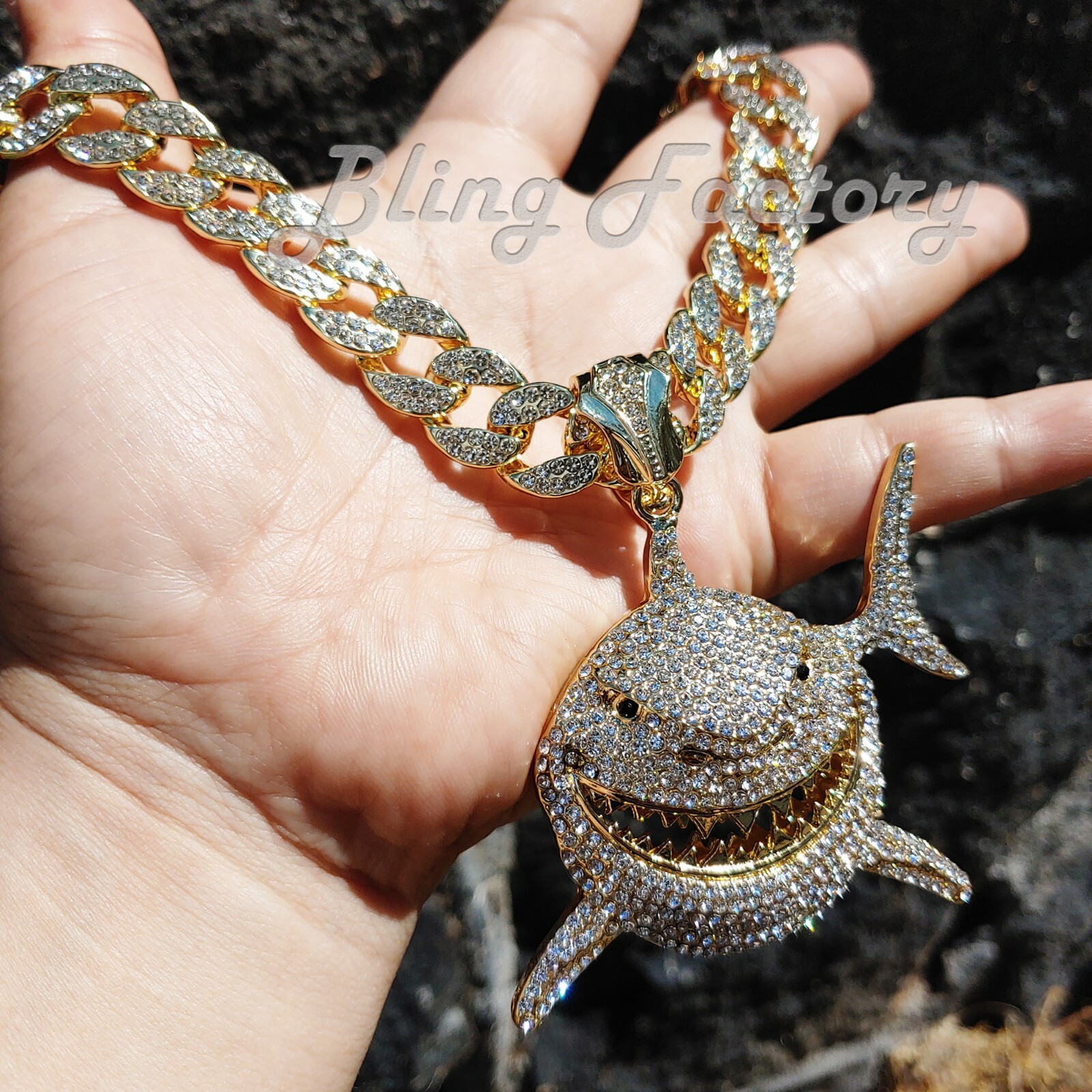 6ix9ine Iced Shark Pendant & 16" 18" 20" Iced Cuban Choker Chain Bling ...