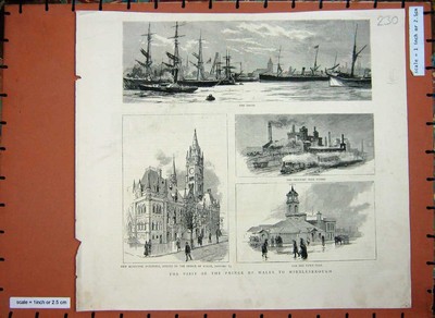 Old Antique Print 1889 Prince Wales Middlesbrough Docks Iron Works Hall ...