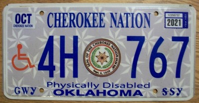 SINGLE OKLAHOMA / CHEROKEE NATION LICENSE PLATE - 4H 767 - PHYSICALLY ...