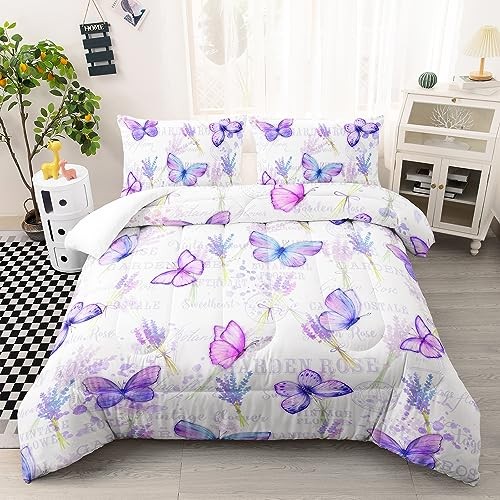 Butterfly Comforter Set Size for Girls Kids Adults Lavender Queen ...