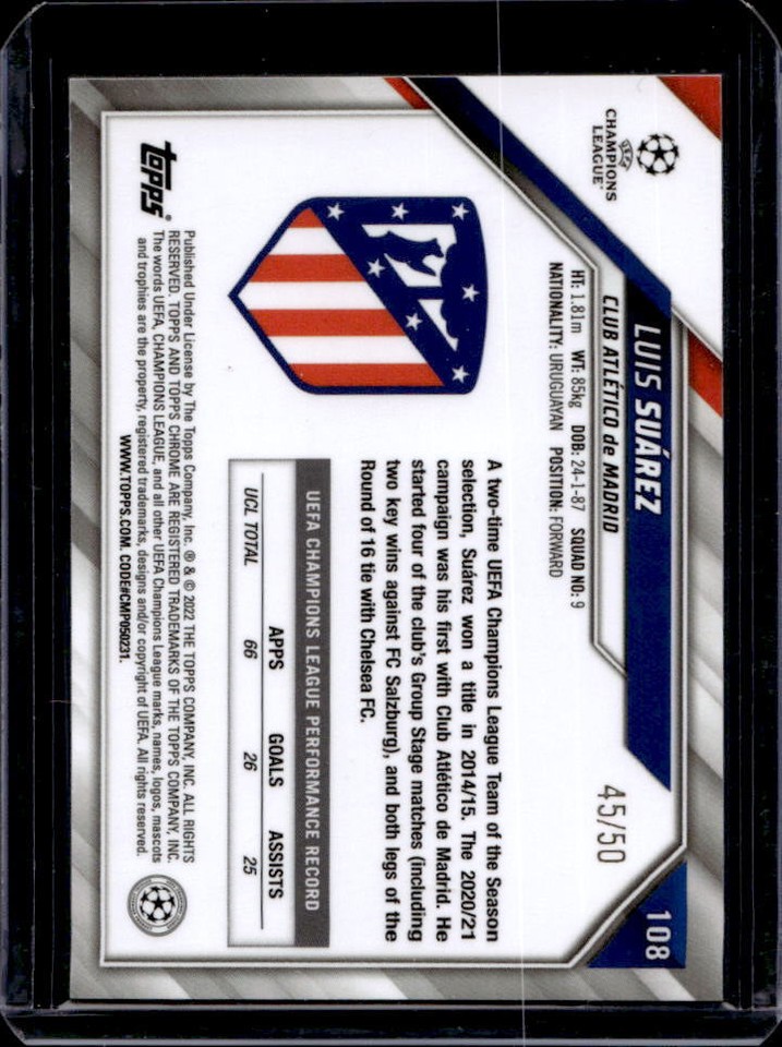 2021-22 Topps Chrome UCL Luis Suarez Gold Refractor #45/50 Atletico De ...