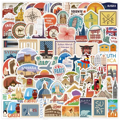 100 Luggage Suitcase Retro Vinyl Stickers Vintage City Names World ...