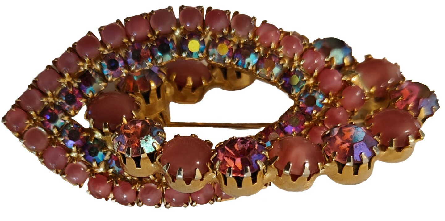 Vtg Bi-level Interlocking Gold Tone Prong Set Pink Beads AB Rhinestones ...