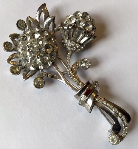 VINTAGE STERLING SILVER CLEAR & RED RHINESTONE FLOWER BROOCH | eBay