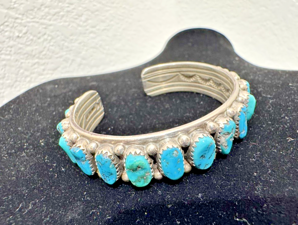 Native American Turquoise 925 Sterling Silver Cuff Bracelet Engraved ...
