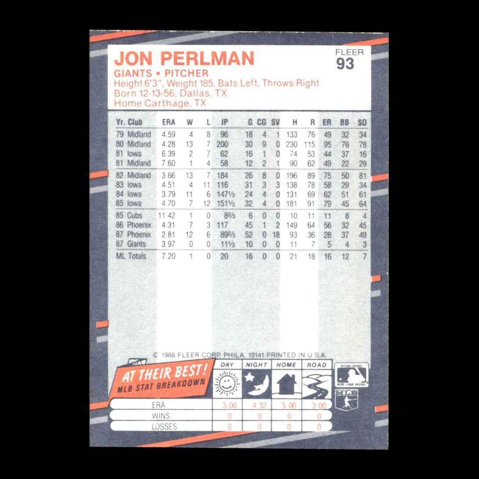 Jon Perlman 1988 Fleer Rookie San Francisco Giants #93 R326Q 93 | eBay