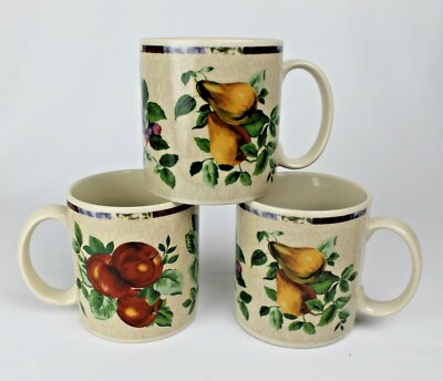 3 Oneida Sakura Sonoma Excell Stoneware Mugs Cups - Fruit Decals Right ...