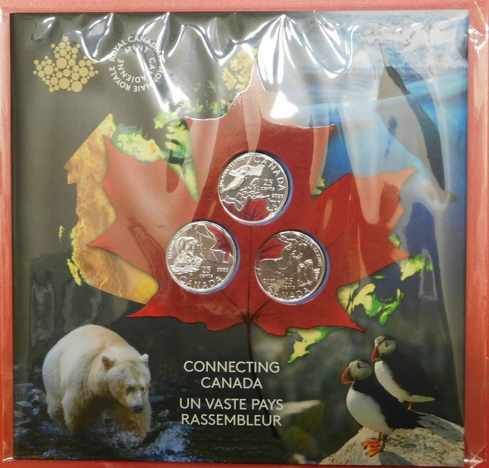 2020 Canada Connecting Canada 3 x 25 cent coloured quarter set IN STOCK ...